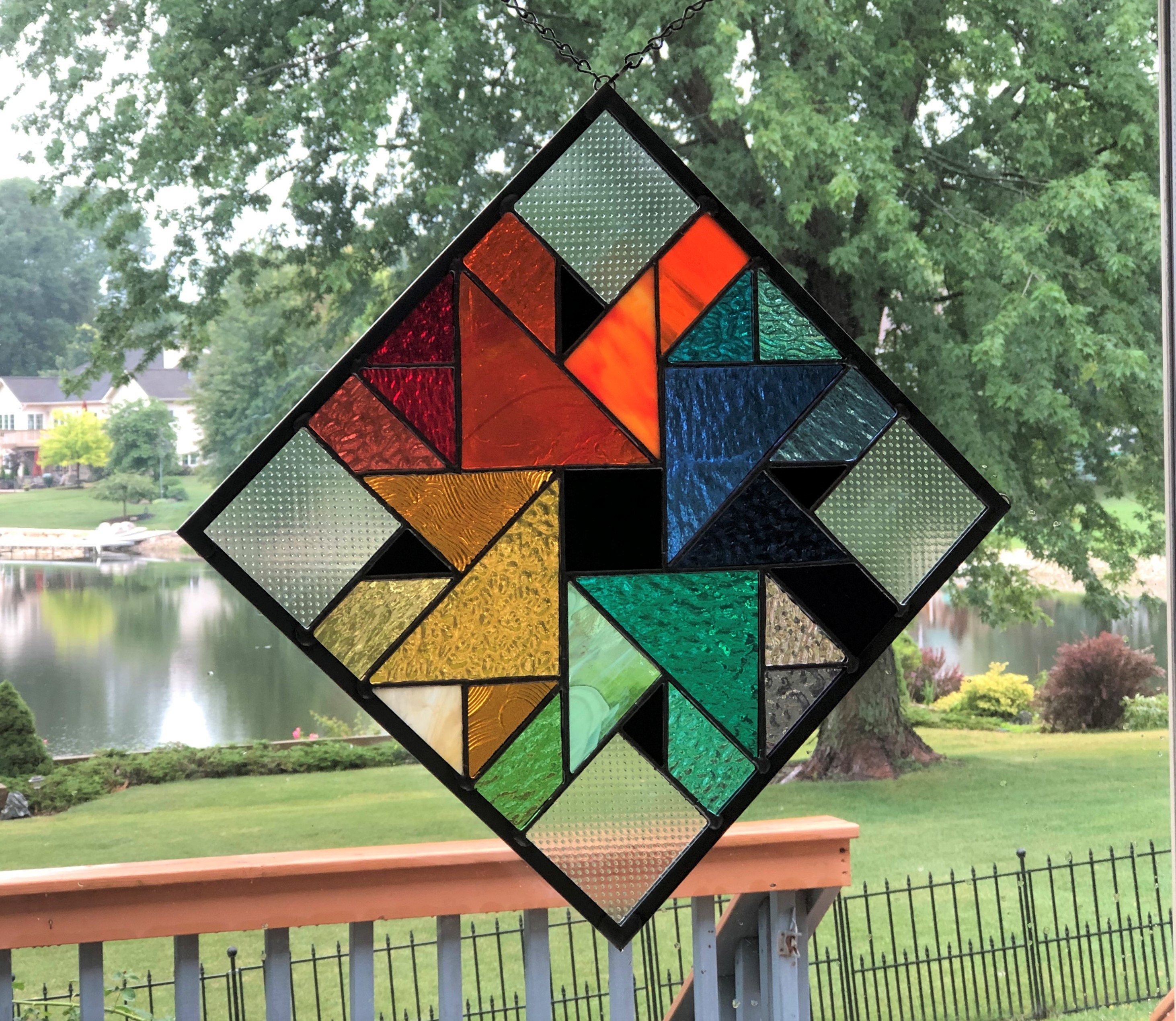 Stained Glass Panel Window Hanging Geometric Triangle Rainbow | Etsy