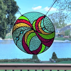 Stained Glass Window Panel Hanging Round Suncatcher Earth Tones 10x10 ...