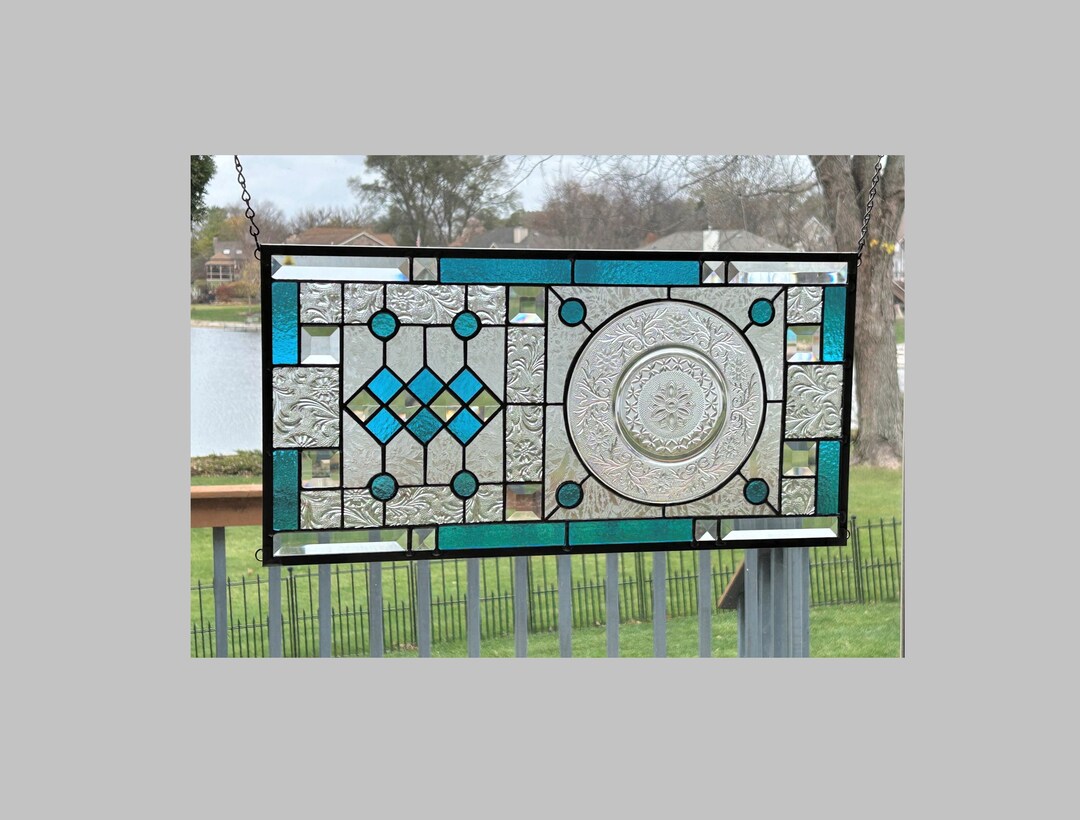 Beveled Stained Glass Window Panel Geometric Clear Blue Tiara Plate ...