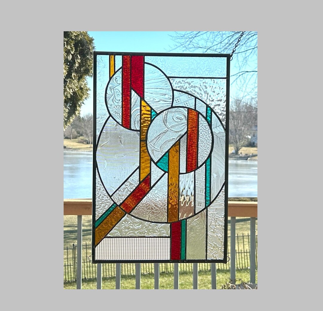 Stained Glass Panel Window Hanging Geometric Clear Abstract Rectangle ...