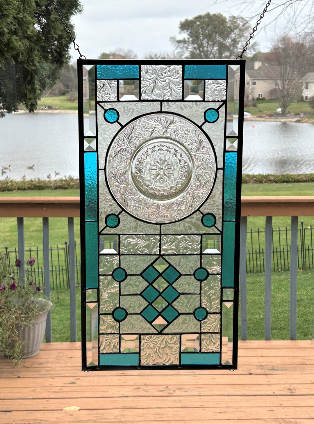 Beveled Stained Glass Window Panel Geometric Clear Blue Tiara Plate ...