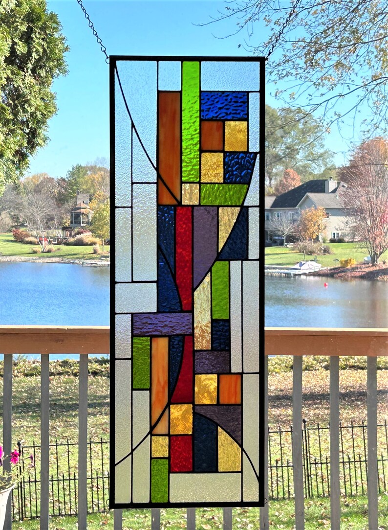 Large Abstract Stained Glass Panel Window Hanging Geometric - Etsy