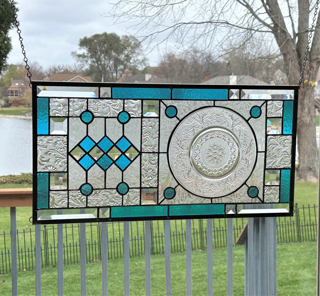 Beveled Stained Glass Window Panel Geometric Clear Blue Tiara - Etsy