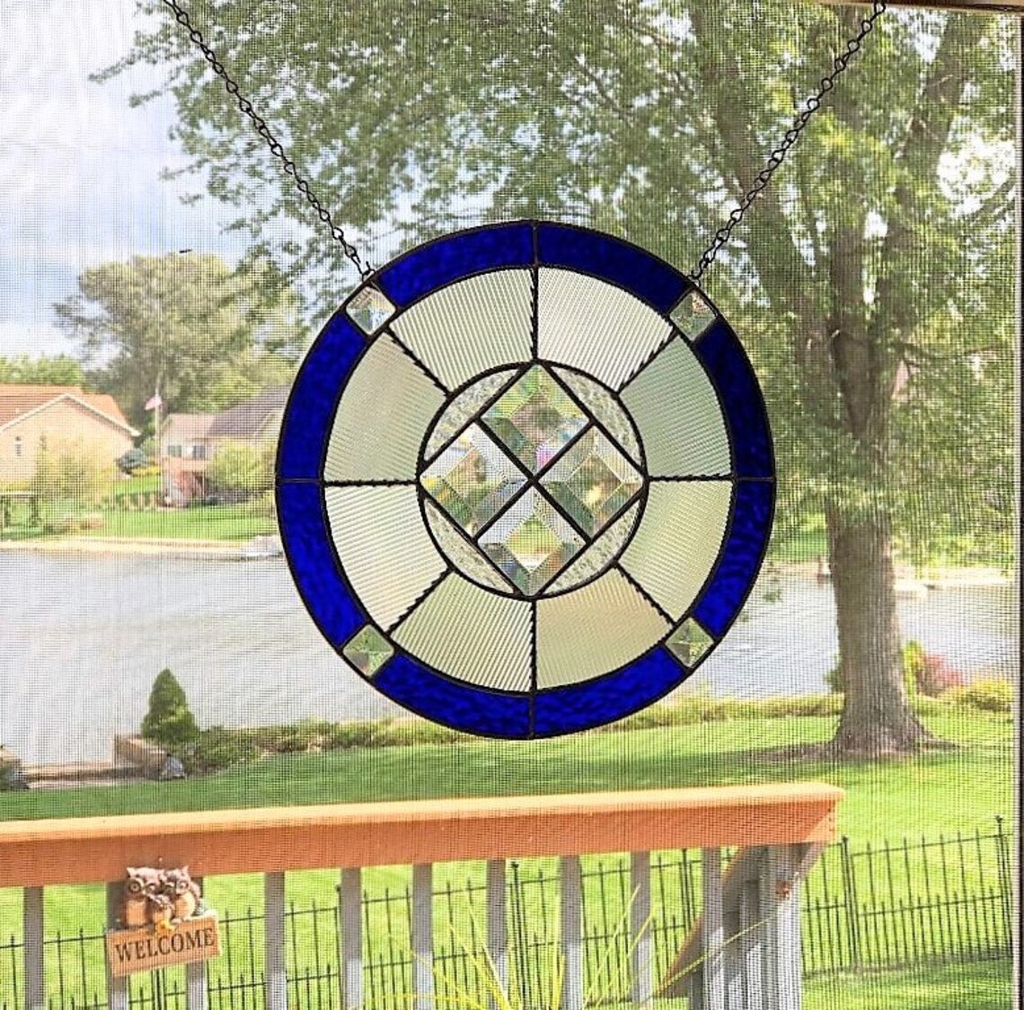 Stained Glass Panel Window Blue Round Beveled Suncatcher | Etsy