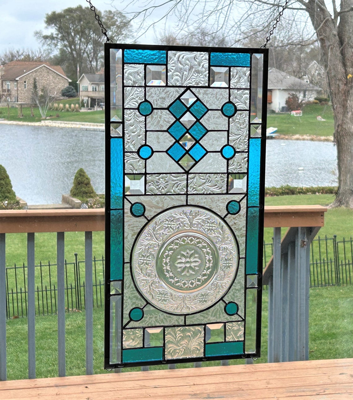 Beveled Stained Glass Window Panel Geometric Clear Blue Tiara - Etsy