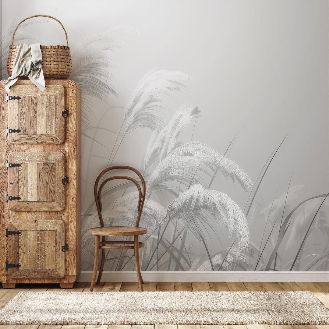 Serene Neutral Pampas Grass Peel and Stick Wallpaper | Misty Gray ...