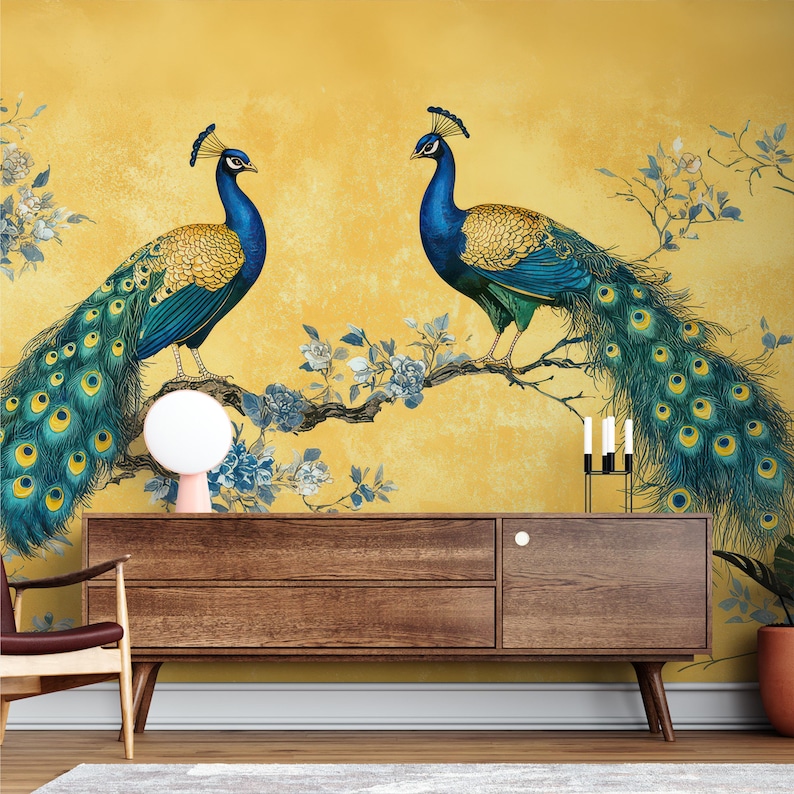 Chinoiserie Peacock Peel & Stick Wallpaper | Teal Blue Birds on Golden ...