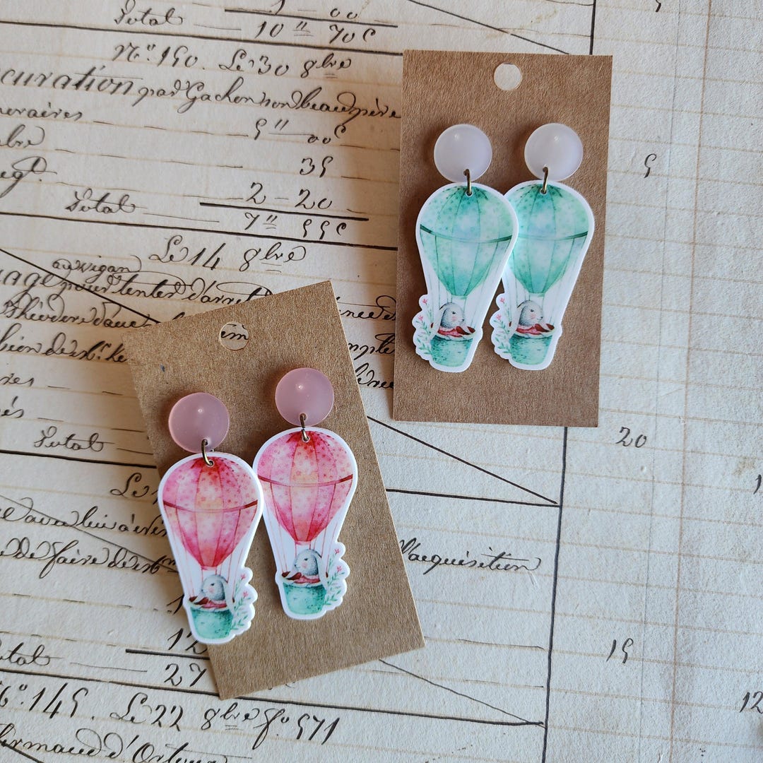 Bunny Hot Air Ballon Resin Drop Earrings, Stainless Steel Post - Etsy