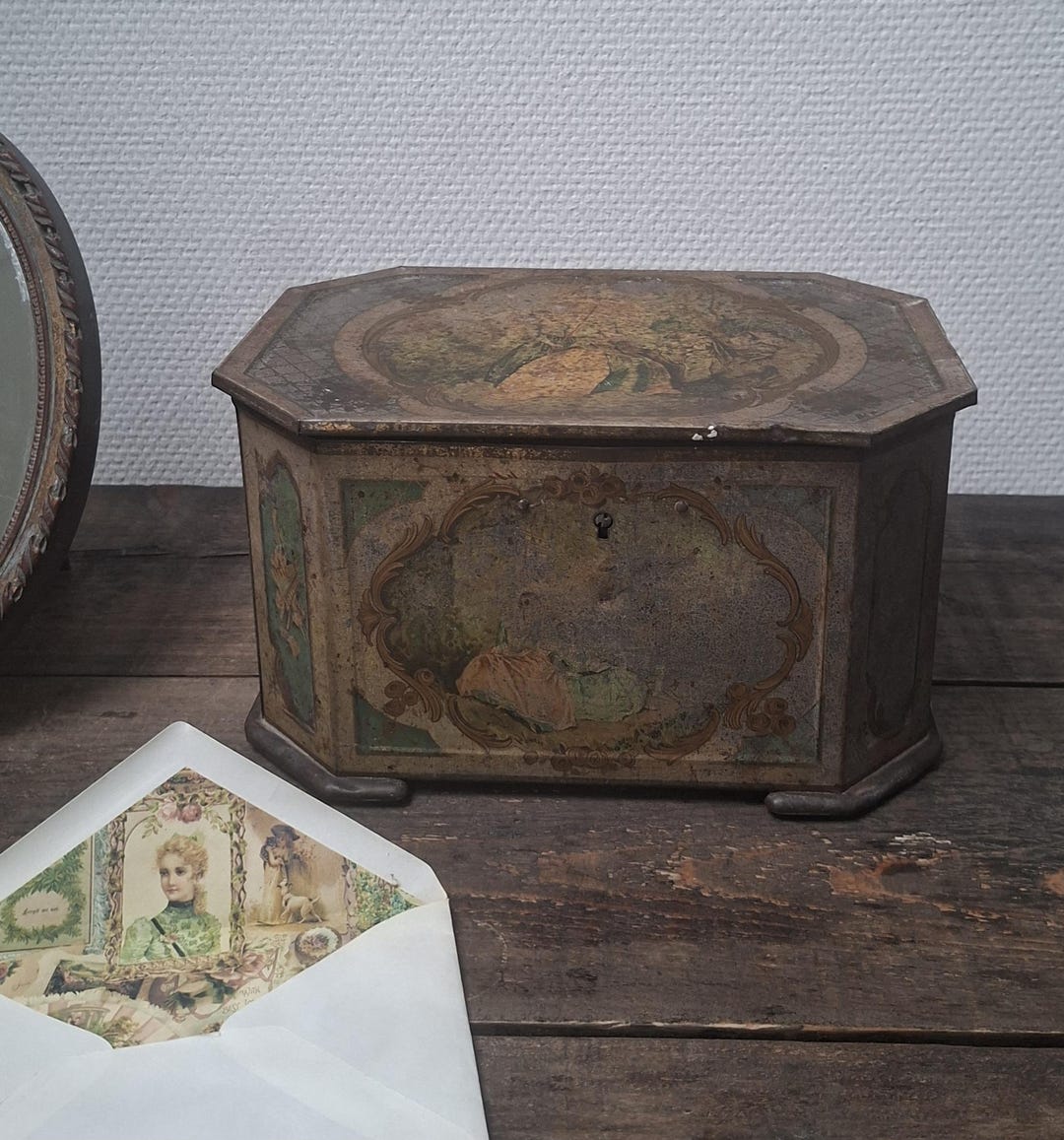 Antique French Victorian Tin Jewelry Box • 1890–1920 • Octagonal ...