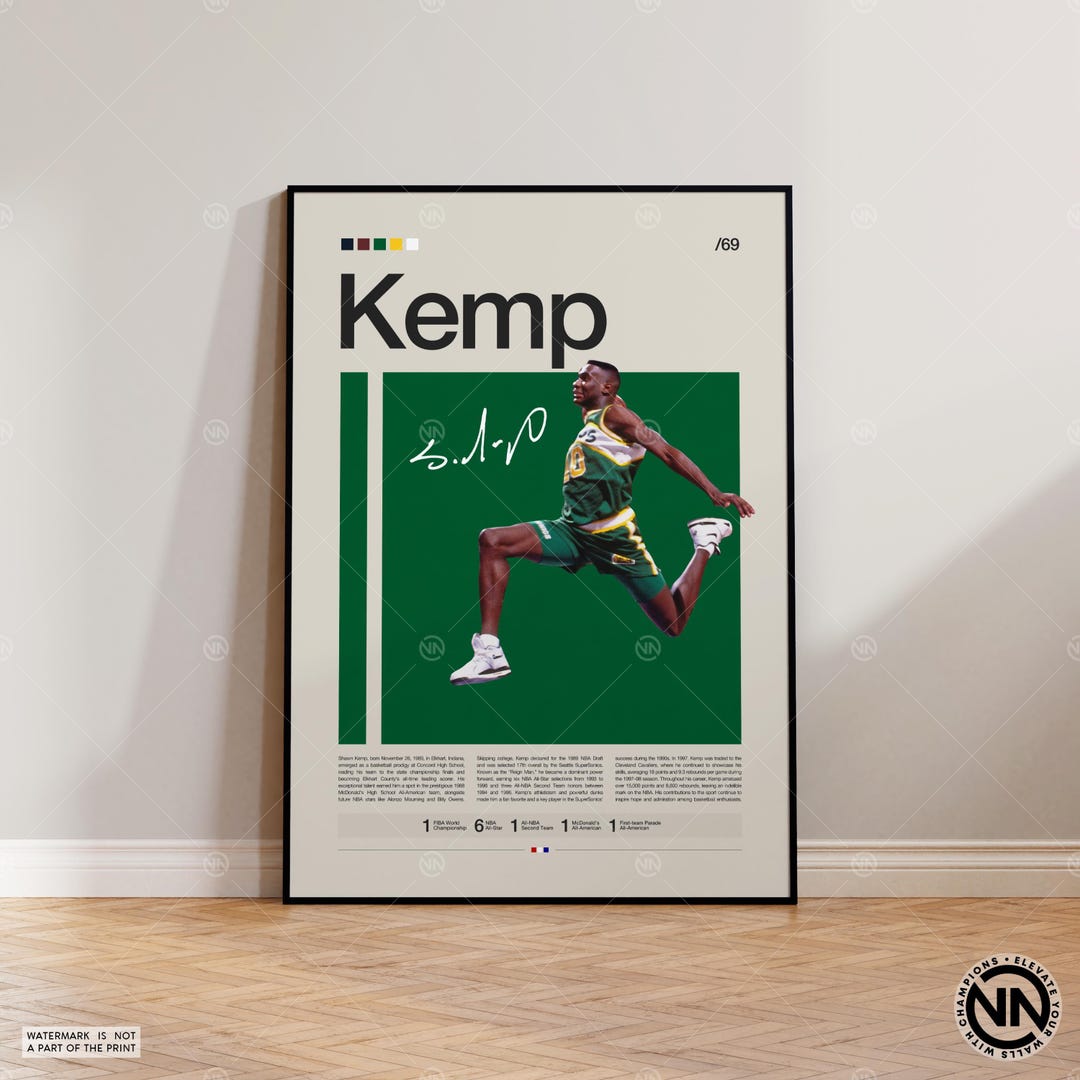 Shawn Kemp Poster, Seattle Supersonics, NBA Poster, Sports Poster, Mid ...
