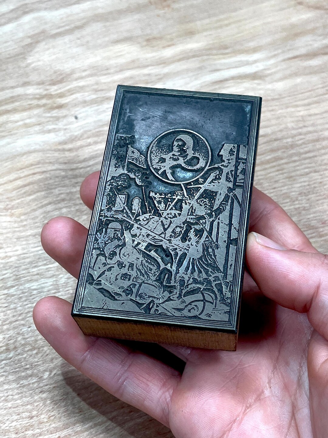 BATTLE of the ALAMO David CROCKETT Illustrated Metal Engraving Antique ...