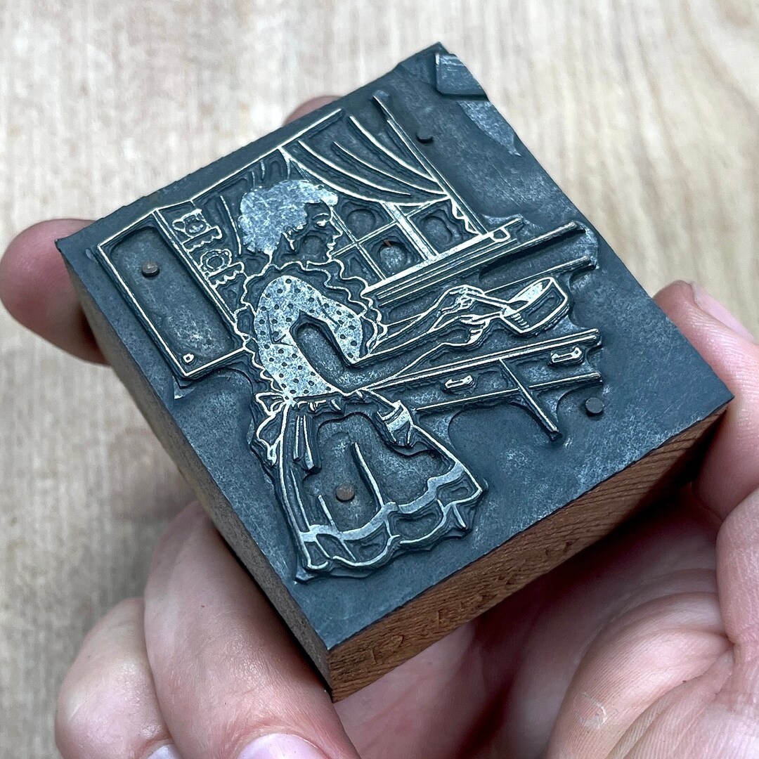 Vintage WOMAN COOKING in Apron KITCHEN Metal Letterpress Relief ...