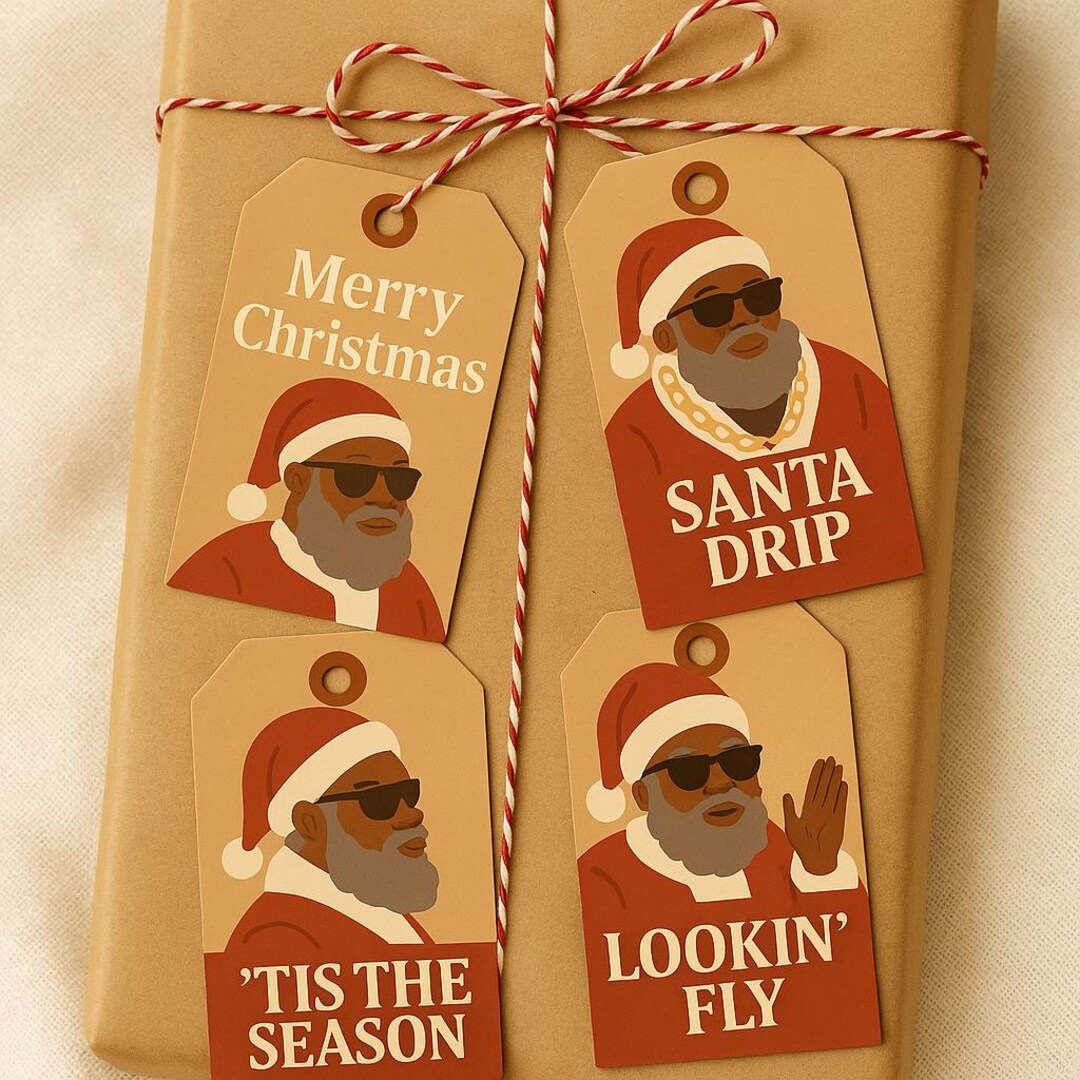 Printable Black Santa Gift Tags – Festive Christmas Labels (digital ...