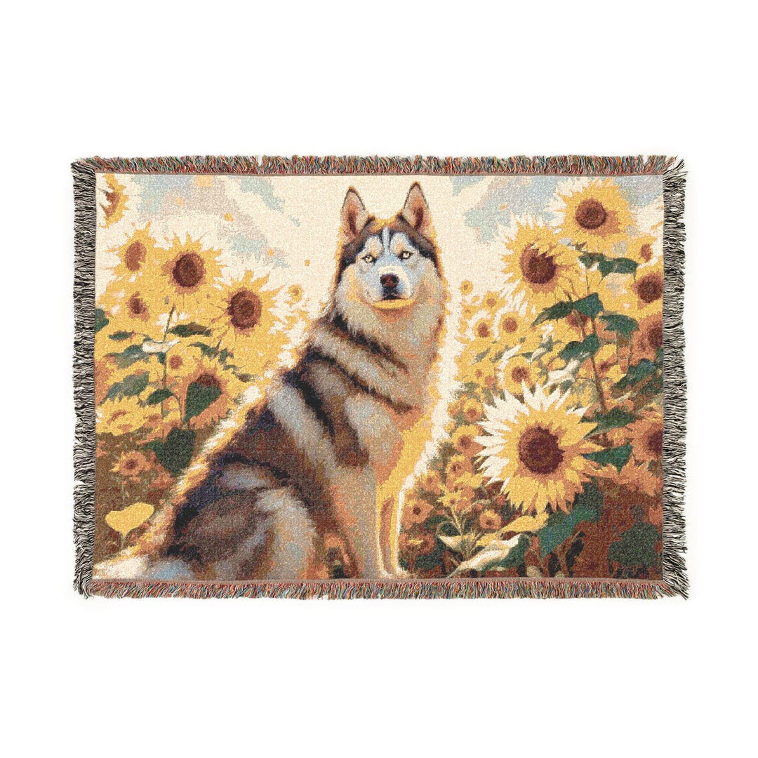 Husky and Sunflowers Woven Blanket Cozy Decorative Throw for Living ...