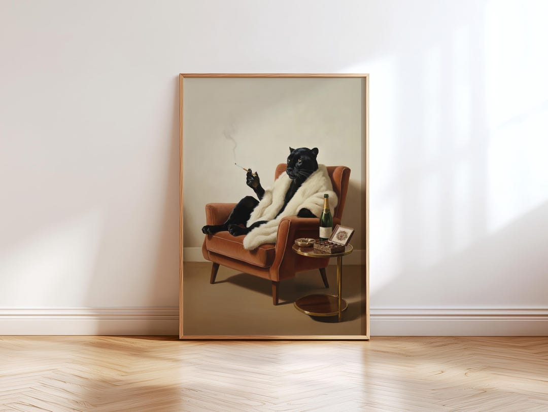 Black Panther Lounge Art Print, Surreal Mid-century Modern Wall Art ...