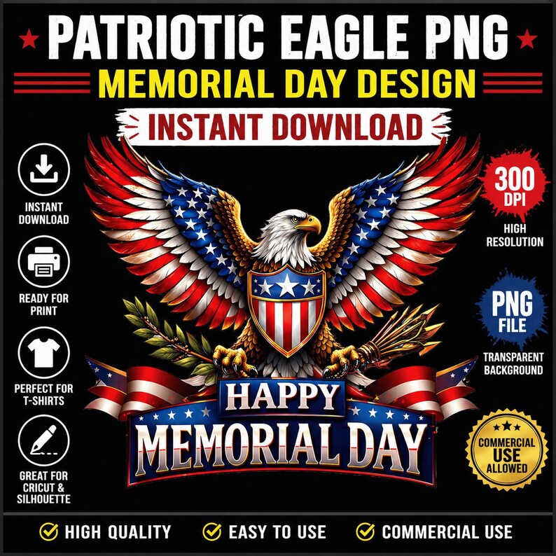 Patriotic Eagle PNG, Memorial Day American Flag Design, USA Sublimation ...
