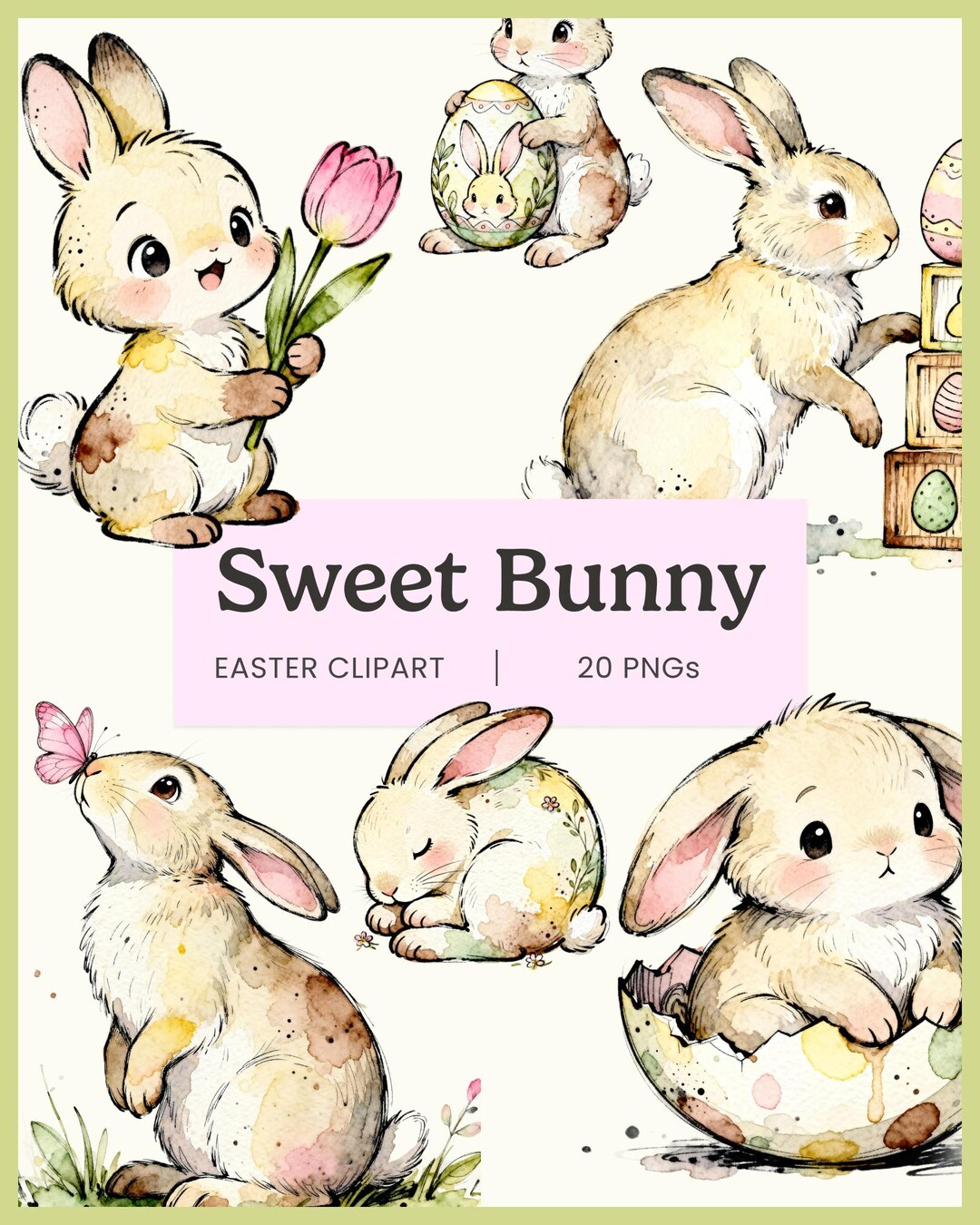 Watercolor Easter Bunny Clipart Bundle | Storybook Cottagecore Spring ...
