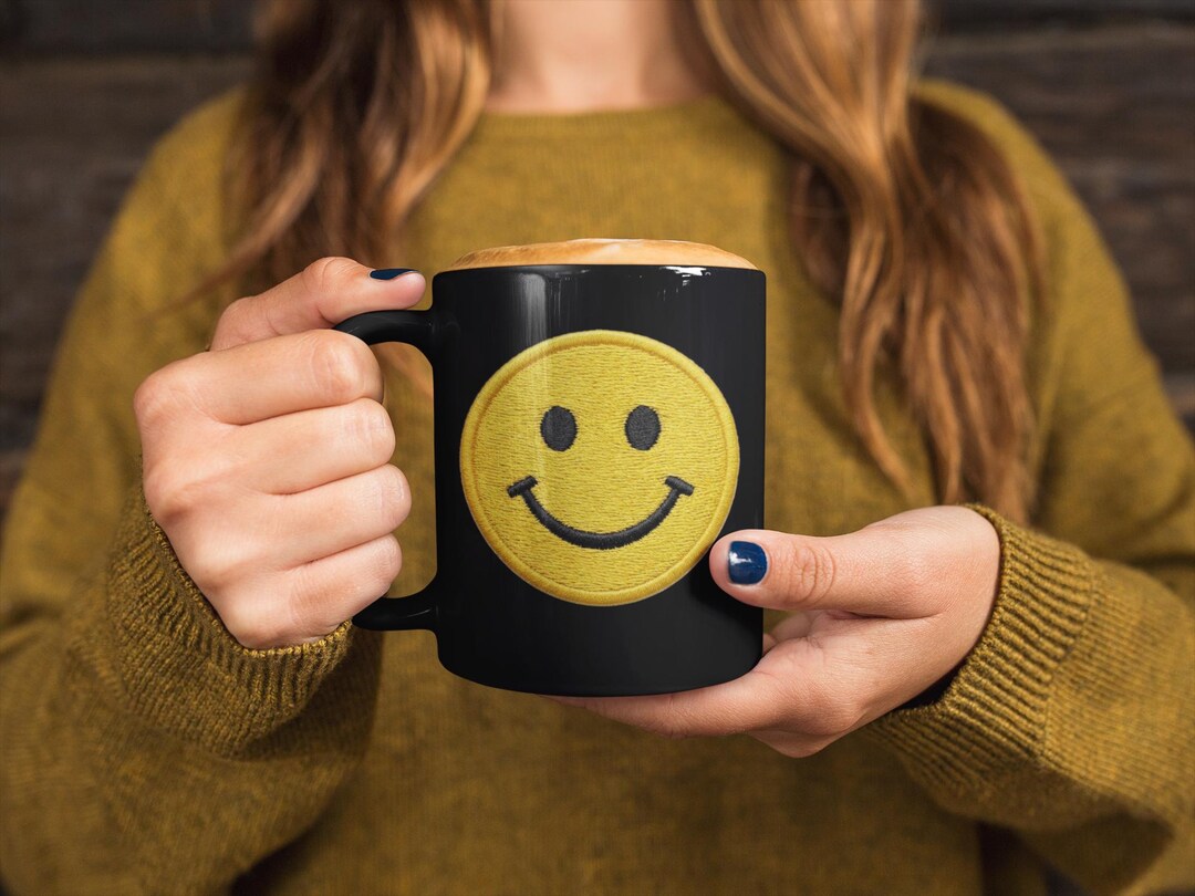 Smiley Face Mug - Faux Embroidered Graphic - Black Ceramic - 11oz, 15oz ...