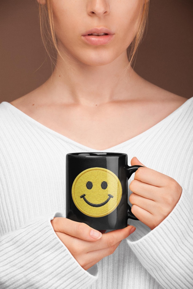 Smiley Face Mug - Faux Embroidered Graphic - Black Ceramic - 11oz, 15oz ...