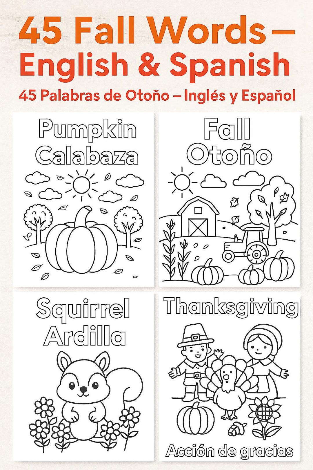 Fall Vocabulary Coloring Pages | Bilingual English & Spanish Kids ...