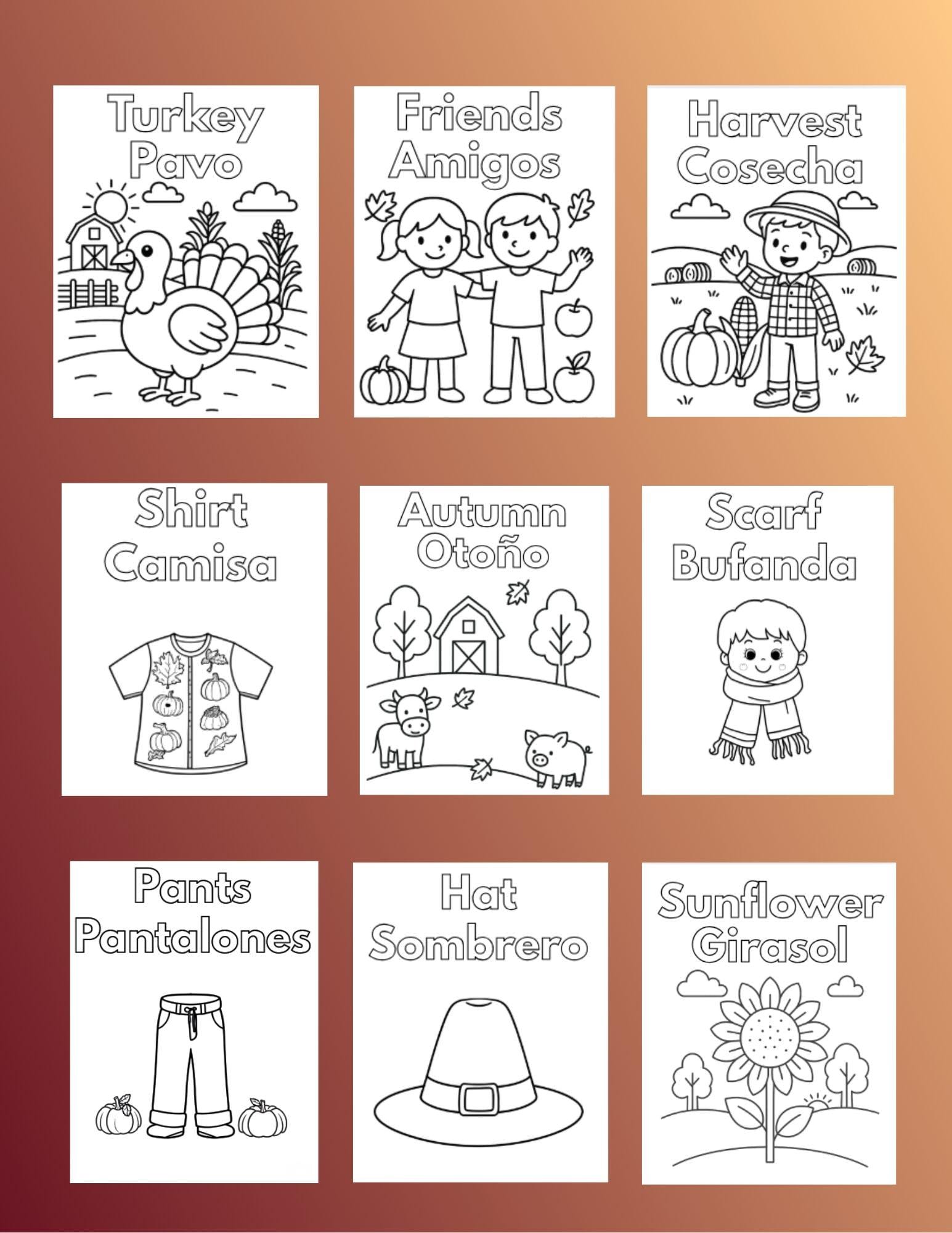 Fall Vocabulary Coloring Pages | Bilingual English & Spanish Kids ...