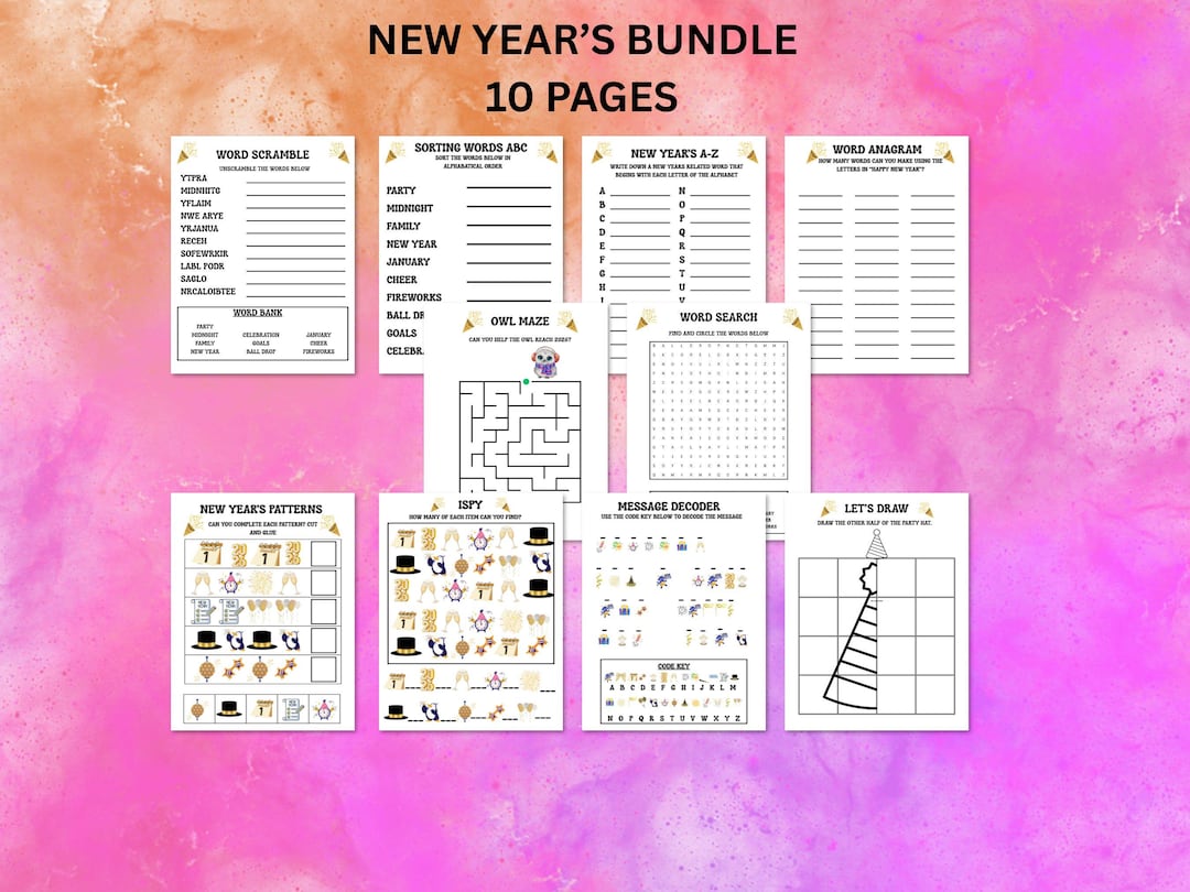 New Year's Activity Bundle, Games, Puzzles, Printable, 10 Pages - Etsy