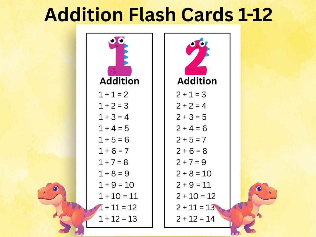 Dinosaur Addition Flash Cards 1-12, Kindergarten Math Facts (digital ...