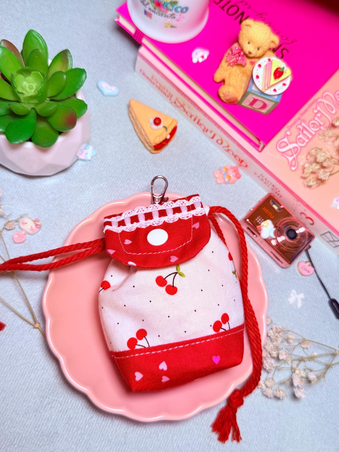 Handmade Cotton Mini Backpack Keychain Pouch: Cherry Print - Etsy
