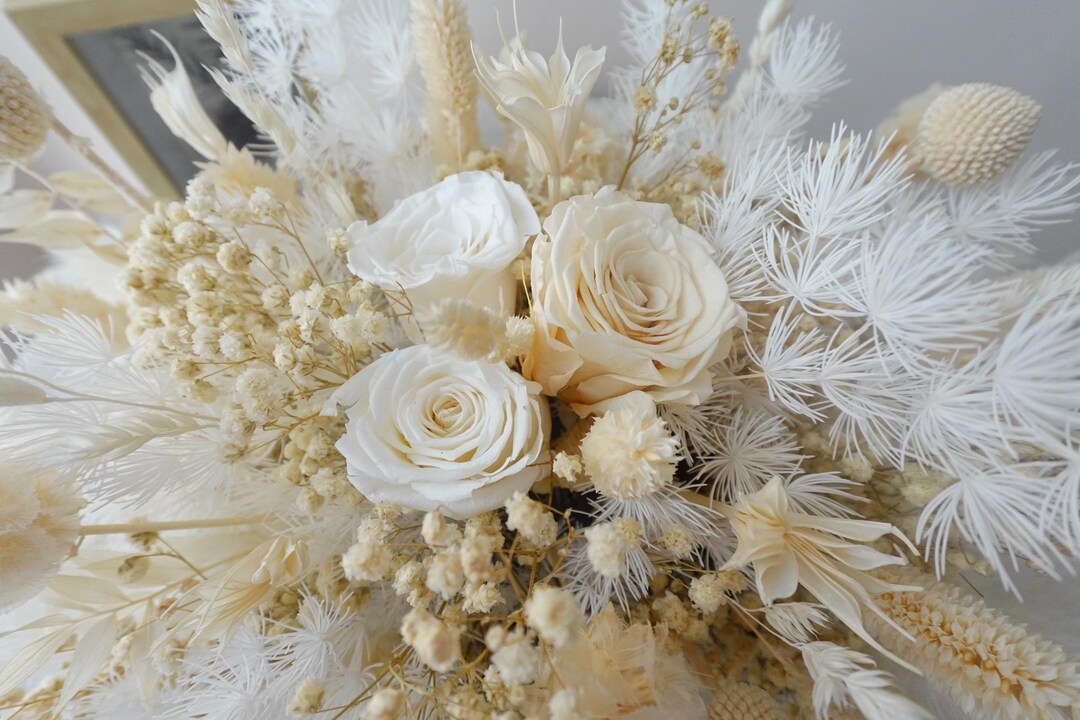 White Preserved Rose & Dried Flower Table Centerpiece | Ivory Baby's ...