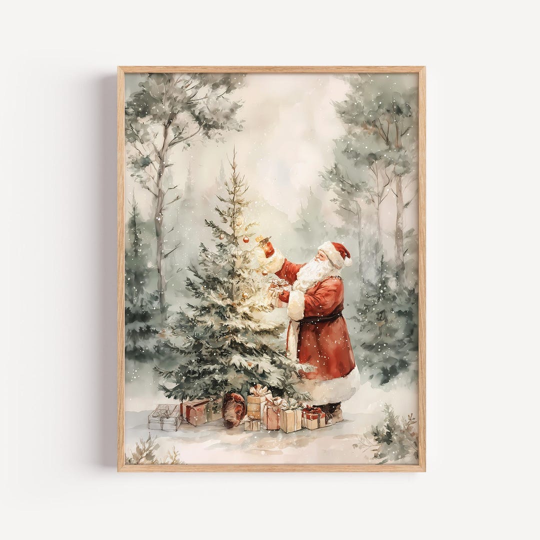 Santa Decorating Tree Wall Art – Christmas Forest Print - Etsy