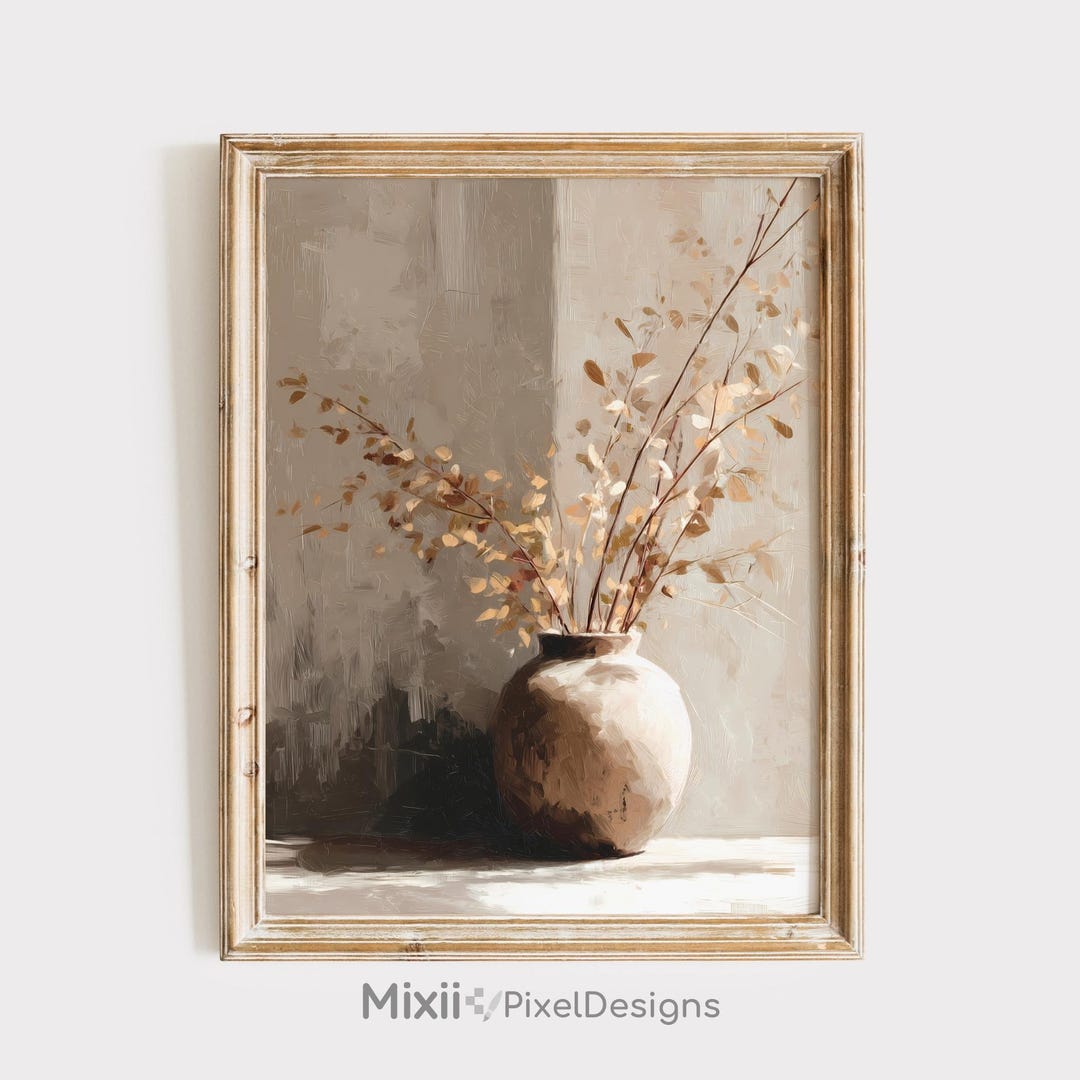 Neutral Still Life Wall Art – Beige Pottery Branches Print – Digital ...