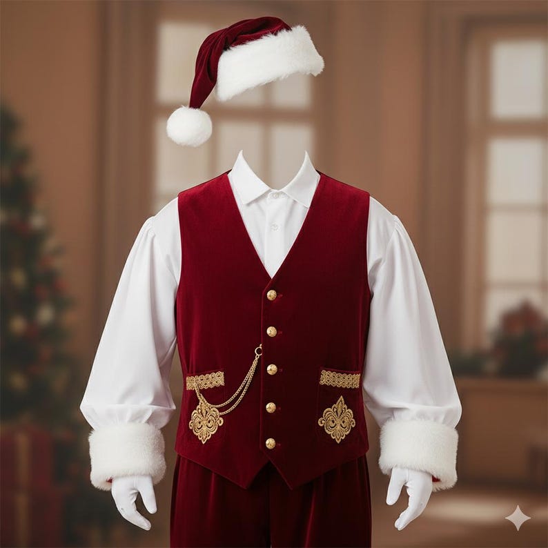 Luxury Velvet Santa Suit: Vest, Hat, Gold Trim. Pro Christmas Costume ...