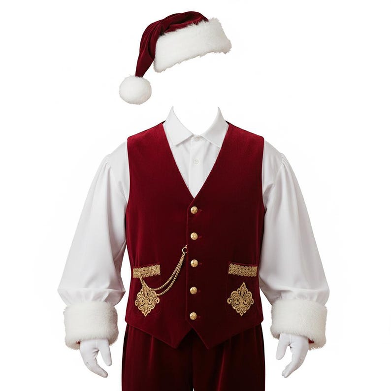 Luxury Velvet Santa Suit: Vest, Hat, Gold Trim. Pro Christmas Costume ...