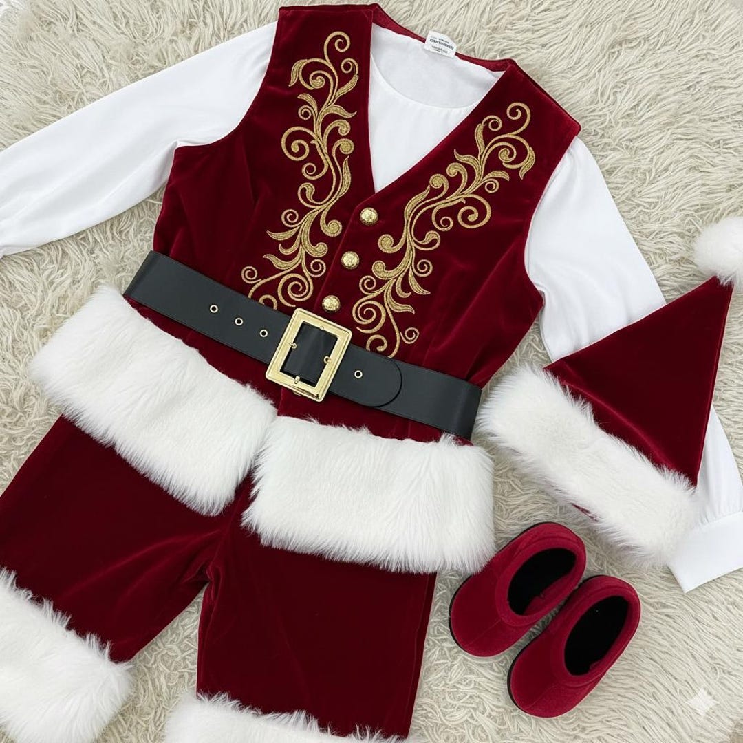 Luxury Velvet Santa Suit: Embroidered Vest, Fur Trim, Full Christmas ...