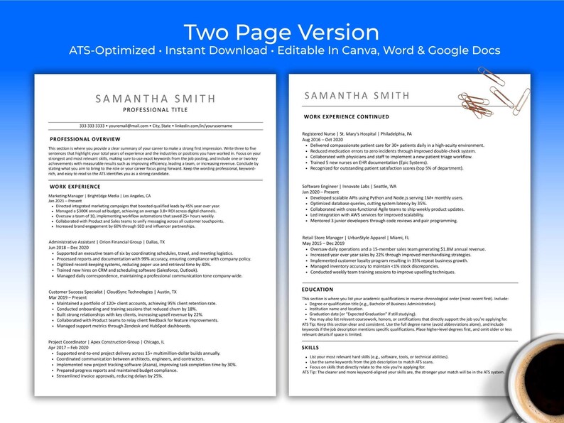 ATS Friendly Resume Template Word, Pages, Google Docs, Modern CV, ATS ...