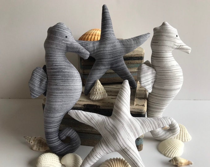Plush Seahorse & Sratfish Toys Stuffed Gray White Stripe Fish Nautical ...