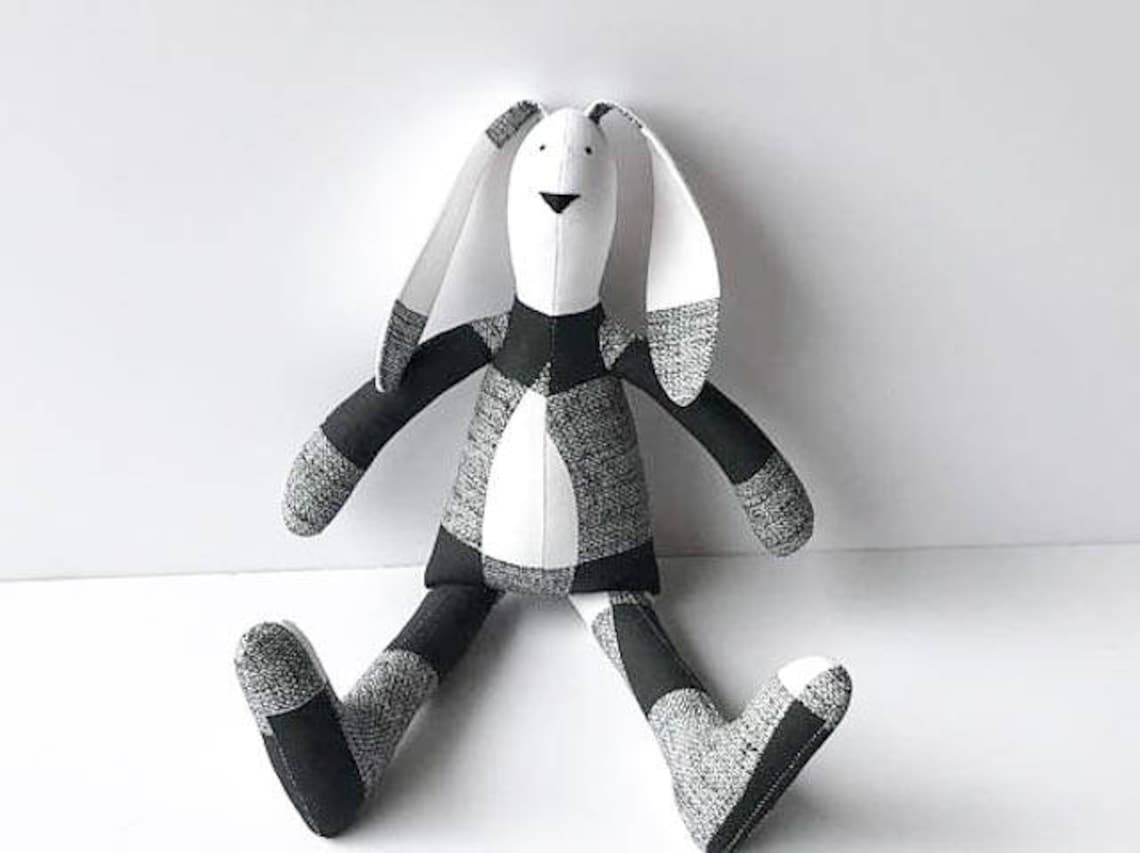 Stuffed Bunny Toy Black Bunny White Plaid Rabbit Hare Toy - Etsy