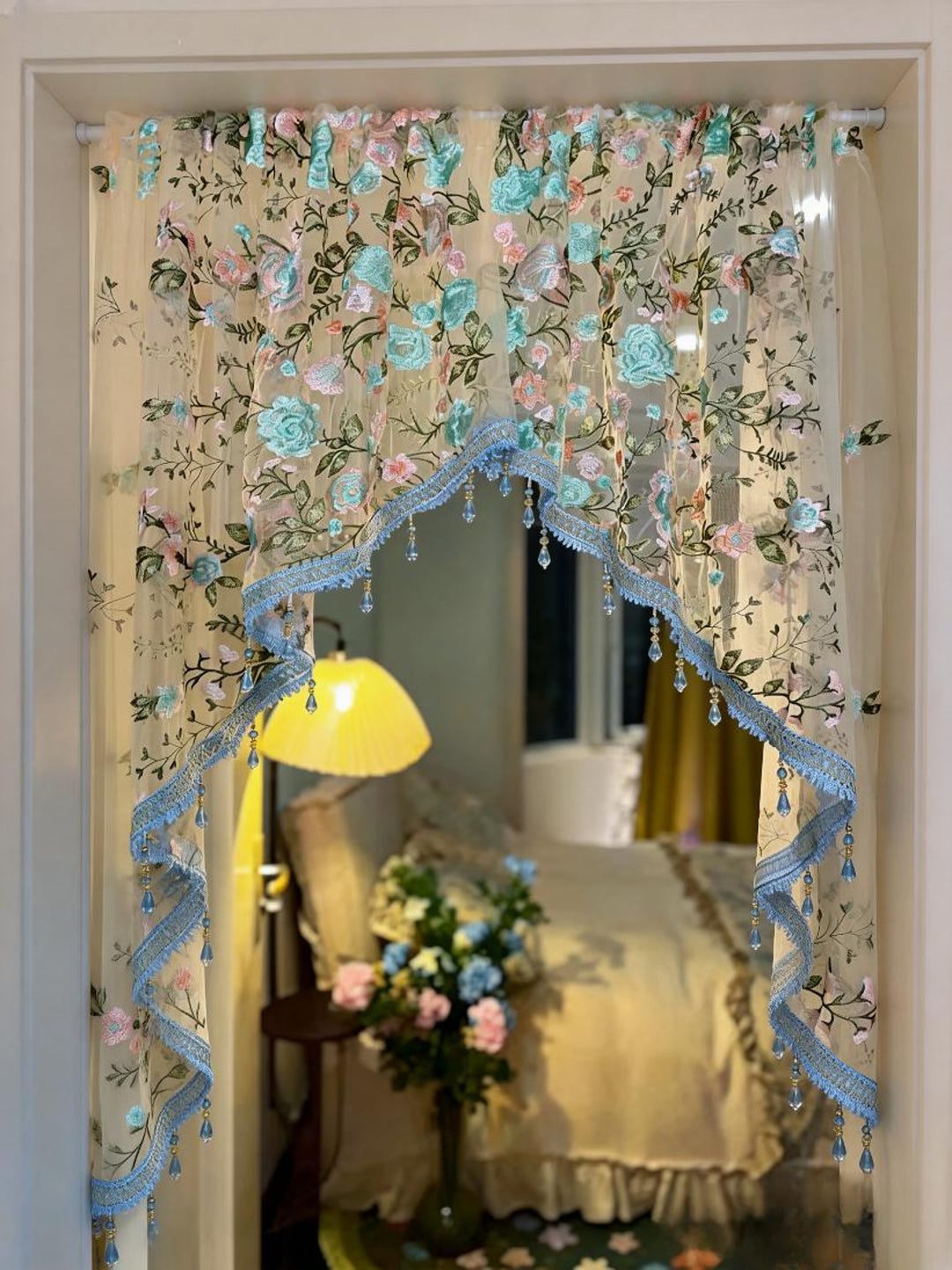 French Sheer Short Curtain, Blue Floral Embroidery, Beaded Sheer ...