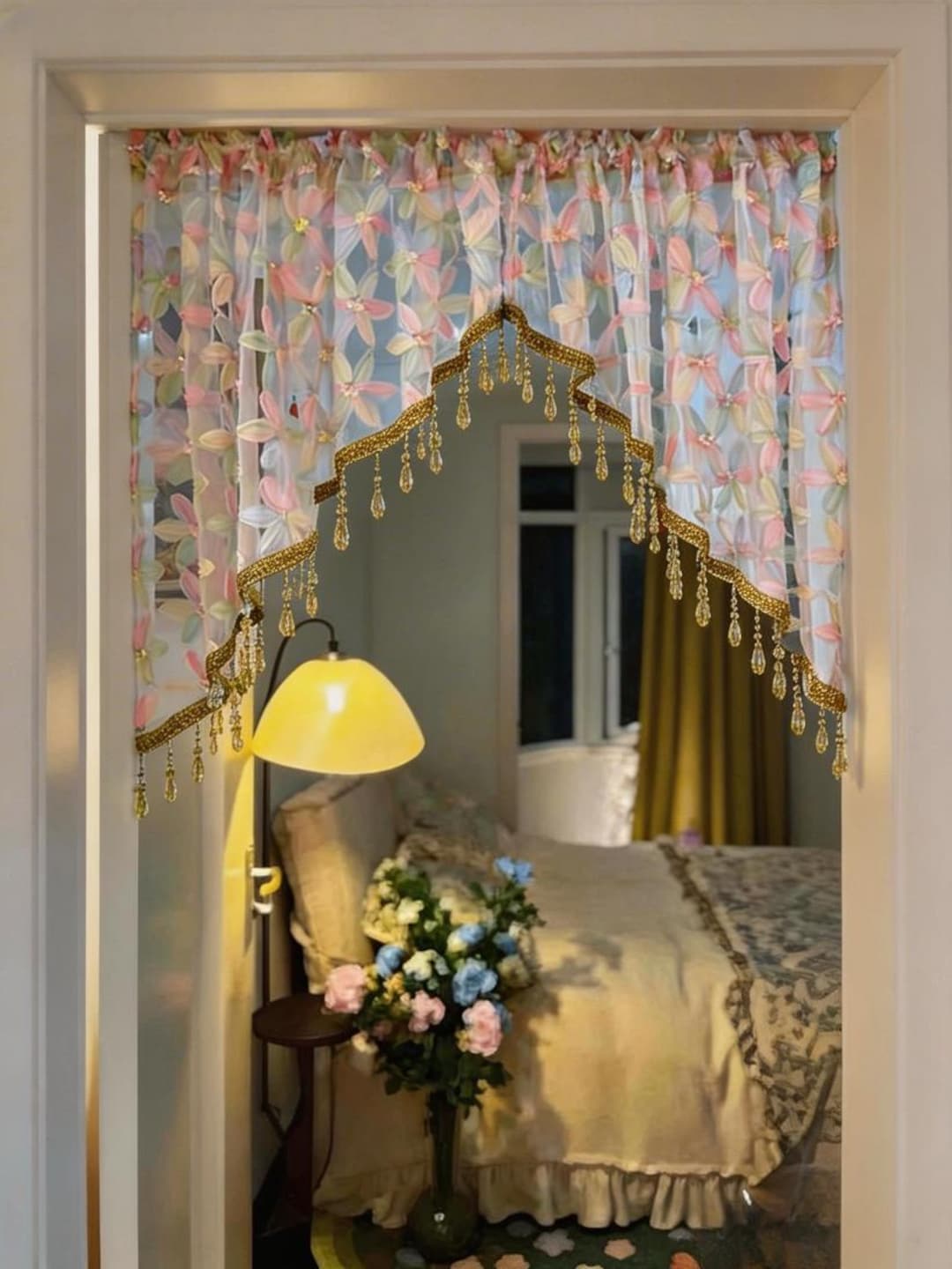 French Romantic Sheer Curtain, 3D Pink Floral Embroidery With Beads ...