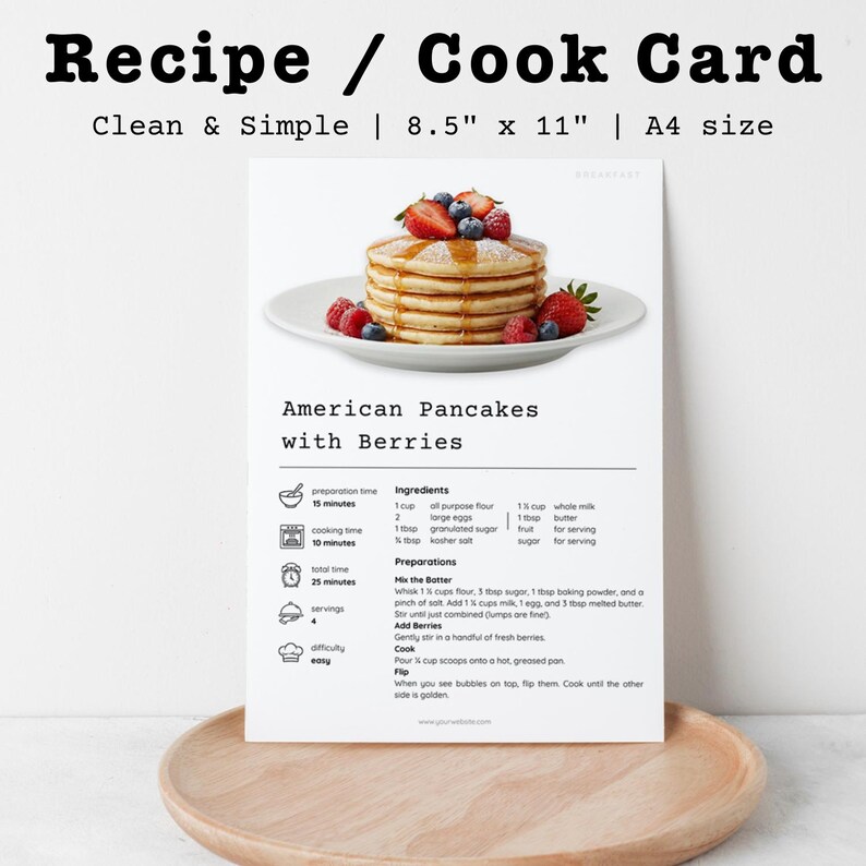 Minimalist Recipe Card Template, Editable Cookbook Page, A4 US Letter ...
