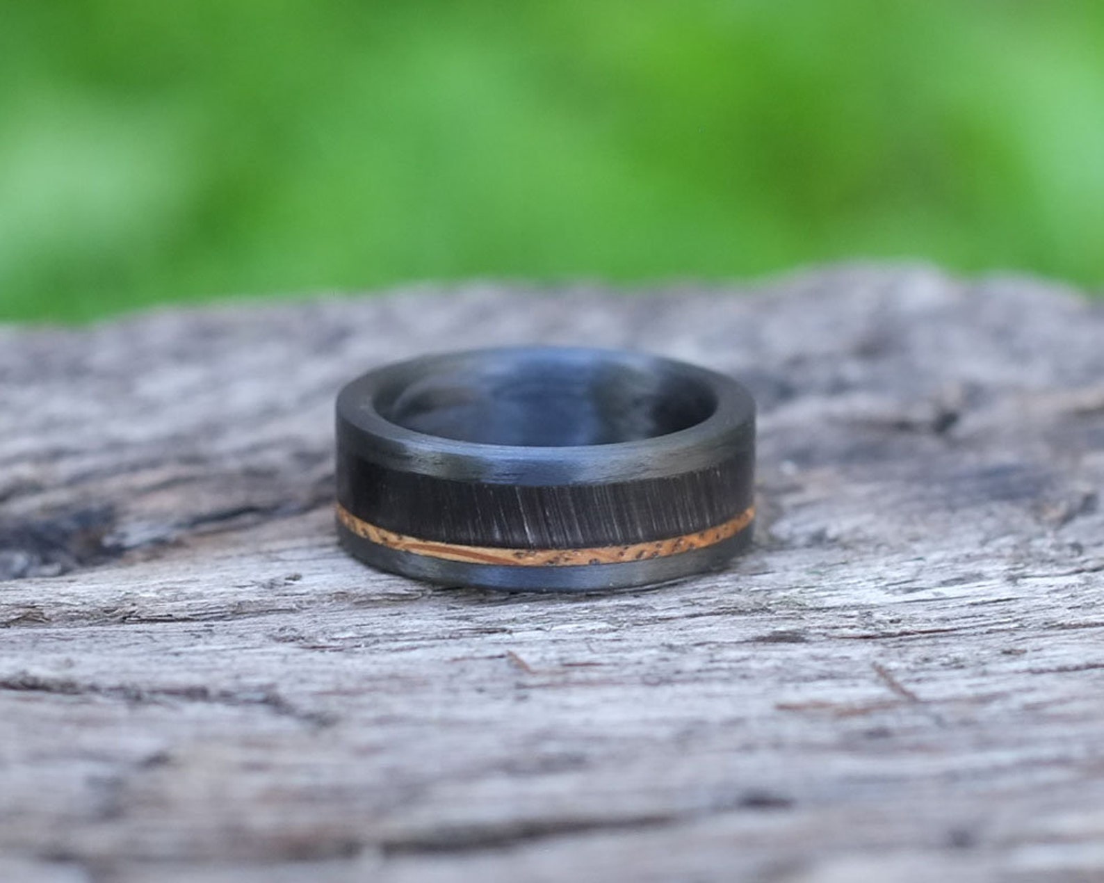 Bison Horn Ring With Whiskey Barrel Wood and Carbon Fiber, Mens Wood ...