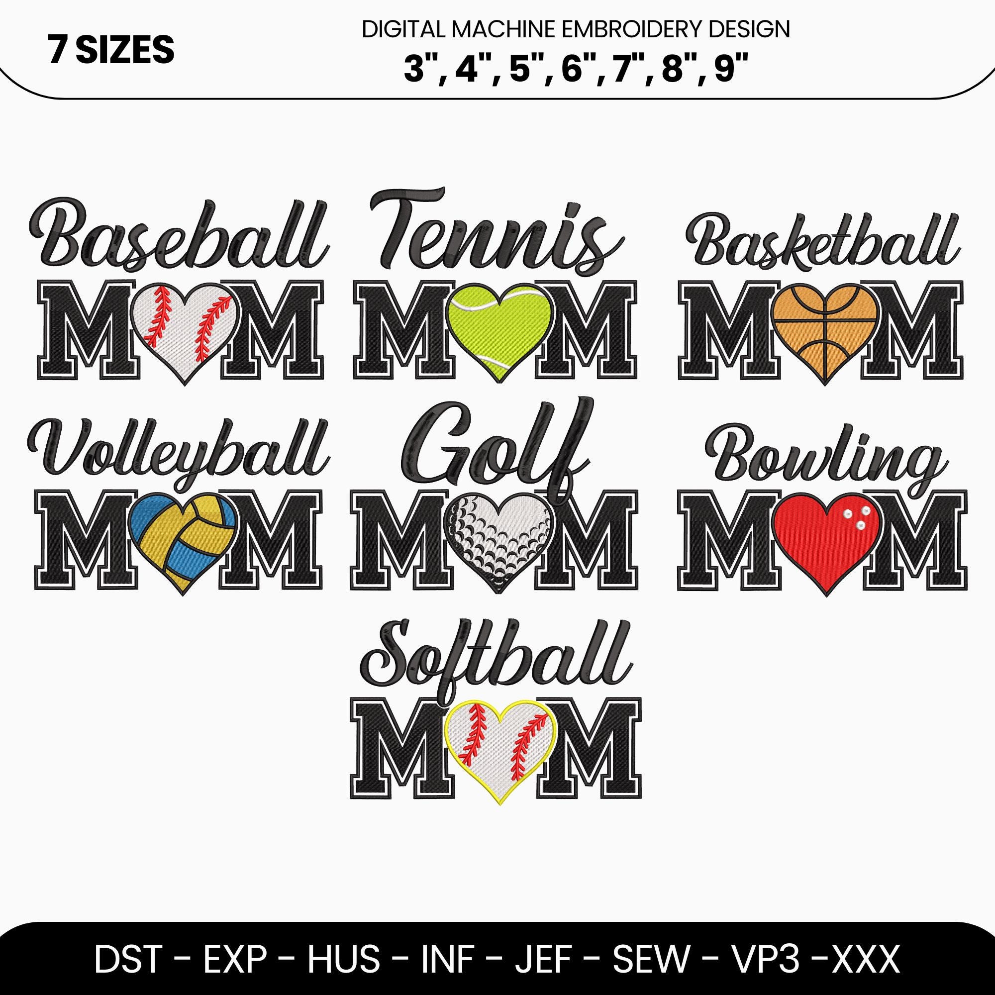 Sport Mom Embroidery Design Bundle, Baseball, Tennis, Softball (PES ...