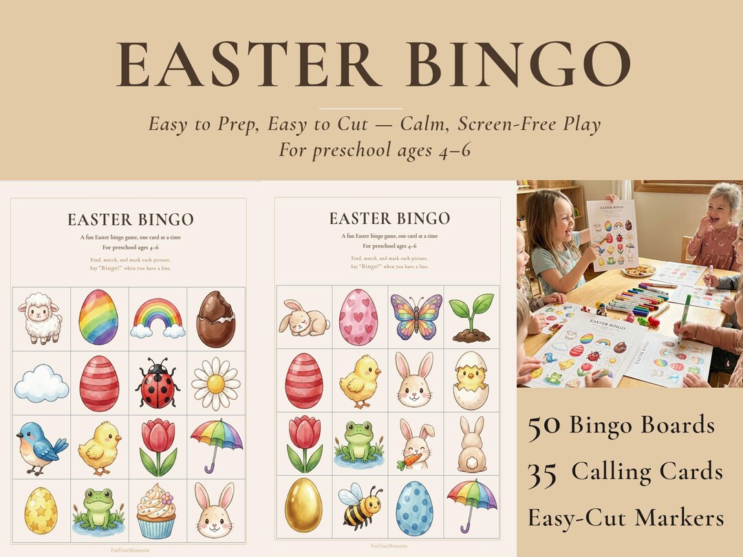 50 Easter Bingo Boards for Preschoolers Ages 4-6, Class Party Game, 35 ...