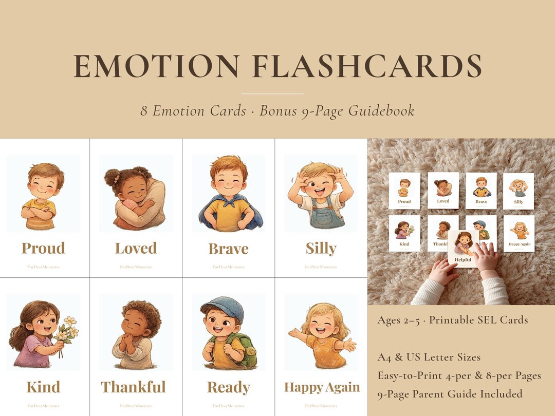 8 Positive Emotion Flashcards for Kids, Montessori Toddler Feelings ...
