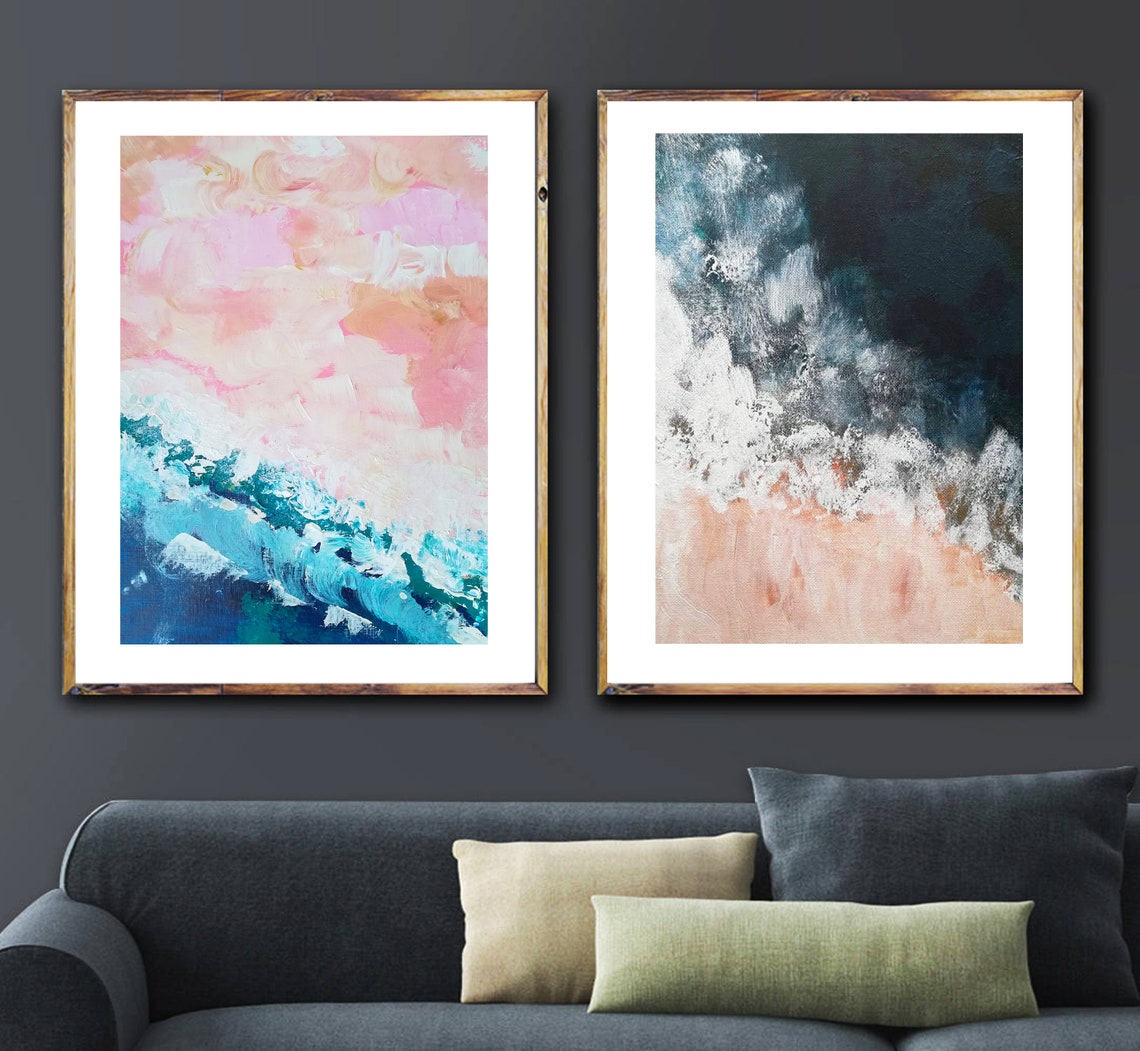 Blush Pink Nautical Print Set, Navy Ocean Art, Navy Blue Wall Art ...