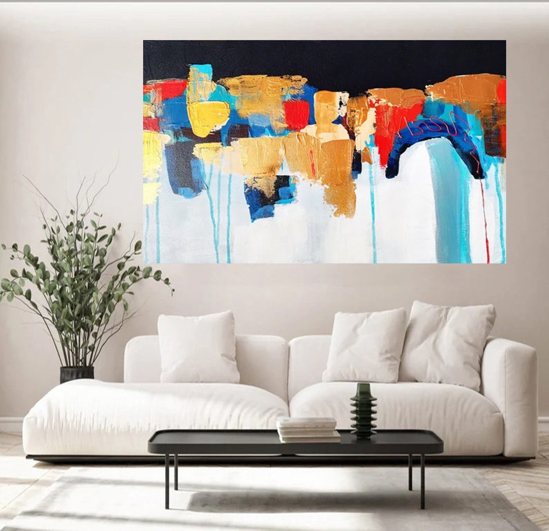Abstract Painting, Red Navy Gold Foil ORIGINAL Shapes, Blue Wall Art ...