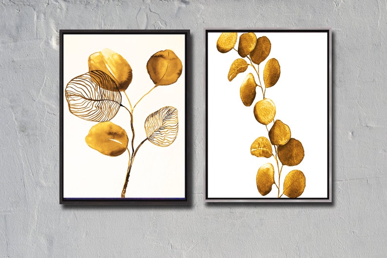 Mustard Yellow Botanical Eucalyptus Print Set Silver Dollar | Etsy