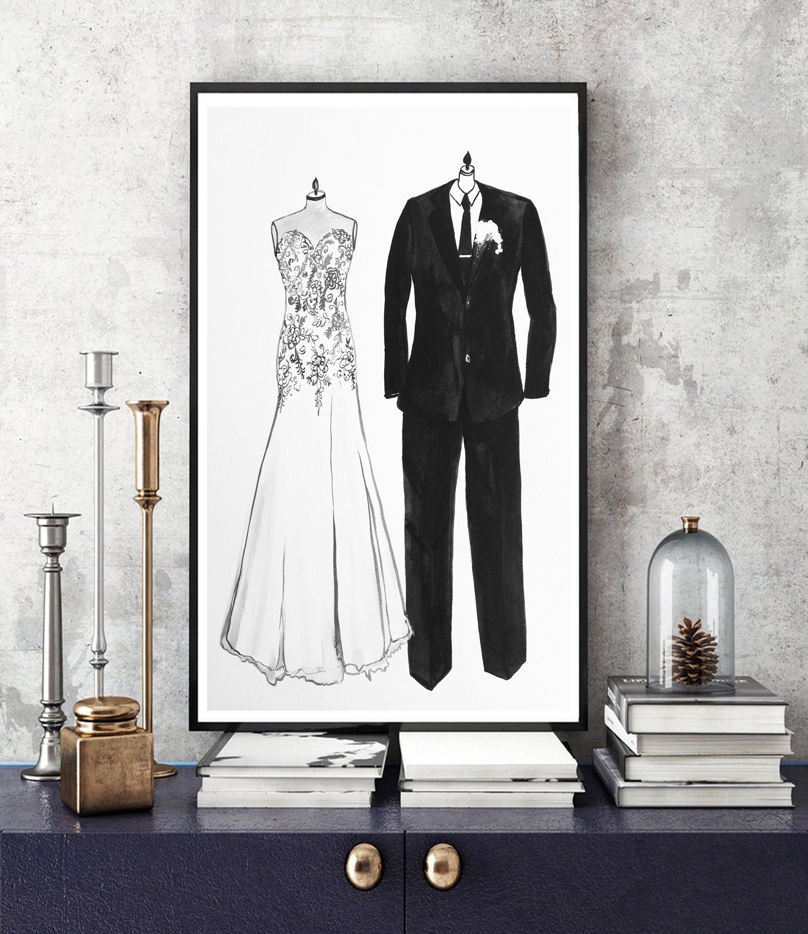 Anniversary gift personalized bride and groom illustration | Etsy