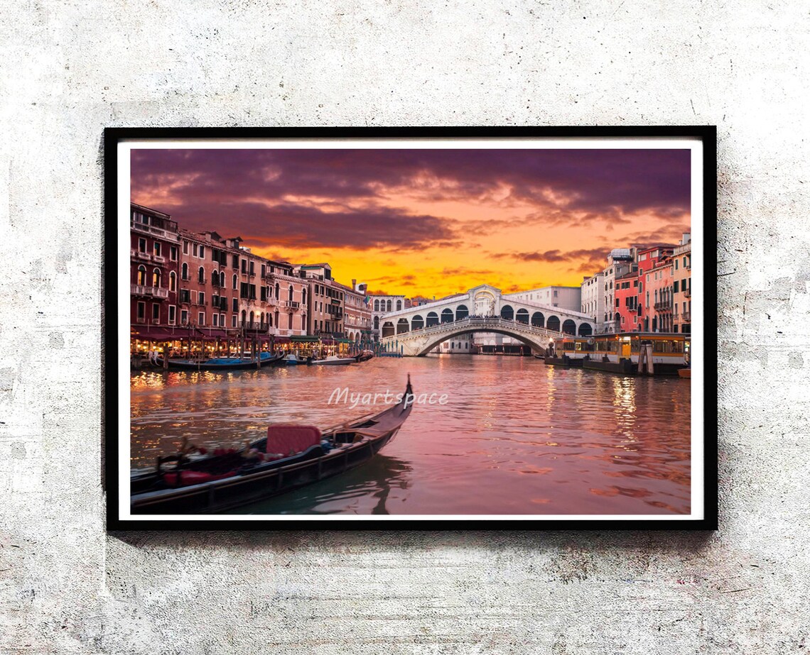 Sunset Venice print Pink orange city print Rialto bridge | Etsy