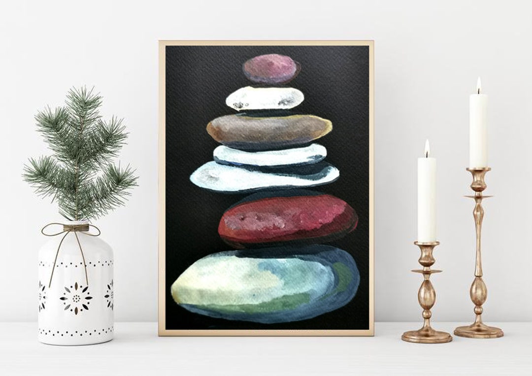 Balancing Rocks Life Meditation Yoga Art, Stacked Pebbles Watercolour ...